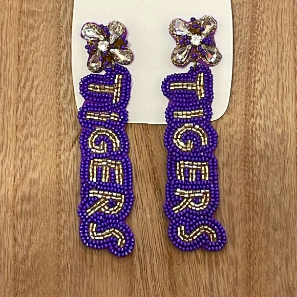 Jewelry | Purple Gold Beaded Crystal Tiger Earrings Lsu | Poshmark